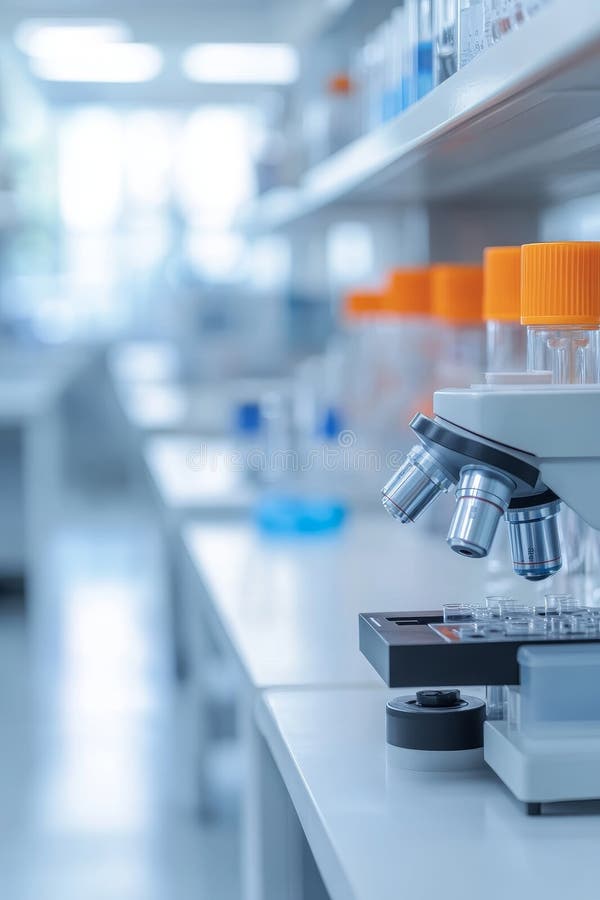 Modern Laboratory Research Microscope, Empty Table with Blurred Science ...