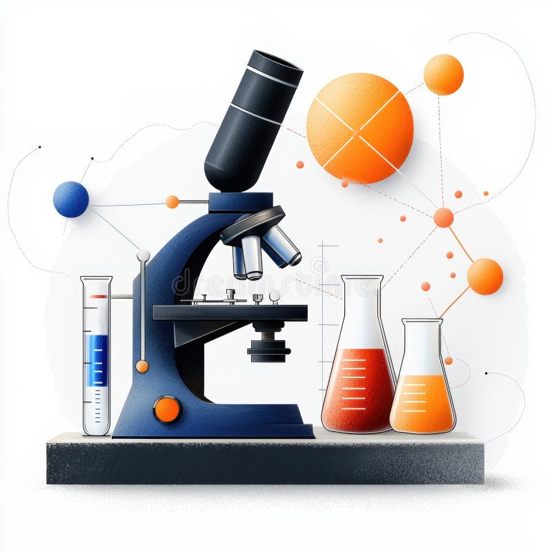 A Modern Laboratory Scene Featuring a Microscope and Various Glassware ...