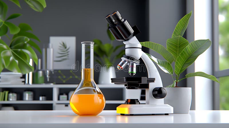 Microscope in a Lab with Chemical Flask and Plants Stock Illustration ...