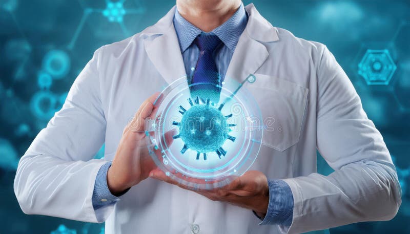 Scientist Observing a Holographic Virus Display in a Lab Setting while ...
