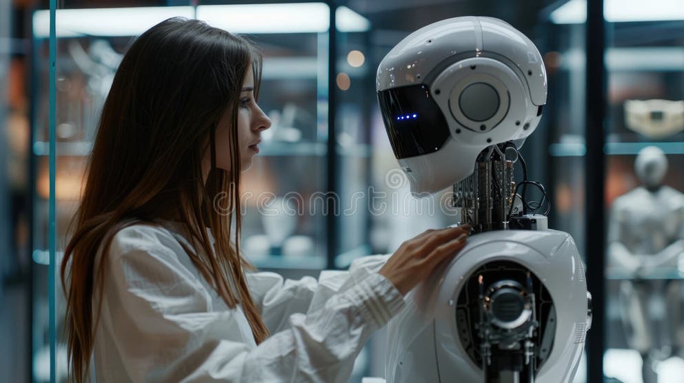 In a Modern Laboratory, a Scientist is Interacting with an Advanced ...