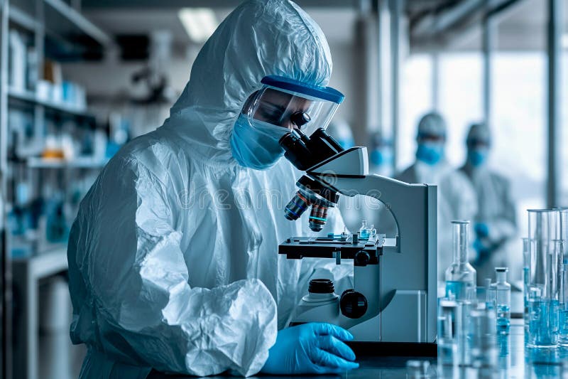 Microscope Analysis in a Lab with Scientists Wearing Protective Suits ...