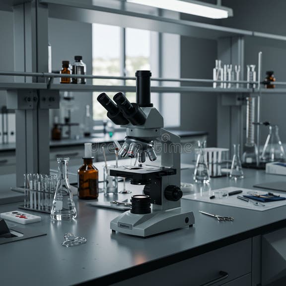 A Modern Laboratory Setting Features a Microscope with Three Eyepieces ...