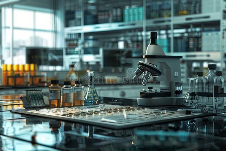 A Modern Laboratory Setting with a Microscope and Beakers Containing ...