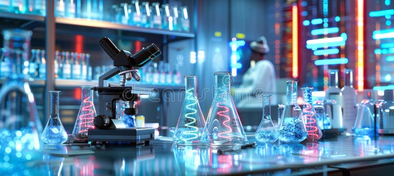 A Modern Laboratory Setting with a Microscope and Beakers, Glowing with ...