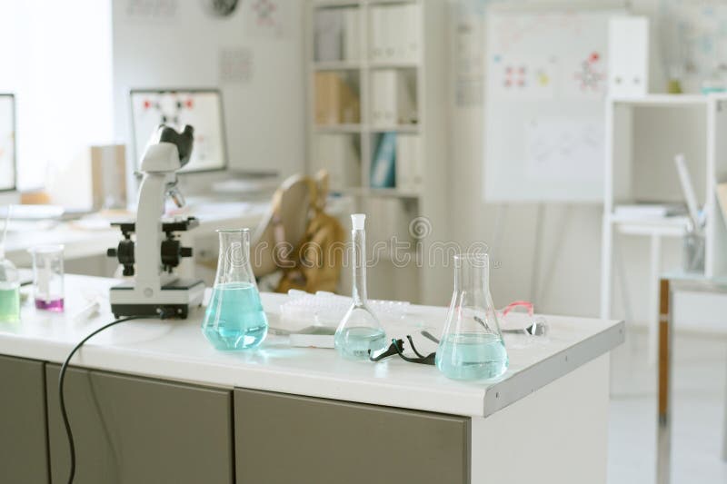 Modern Laboratory Setting with Microscopes and Beakers Stock Photo - Image of workspace ...