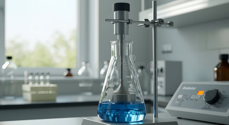 Laboratory Experiment Setup: Blue Liquid in Erlenmeyer Flask with ...