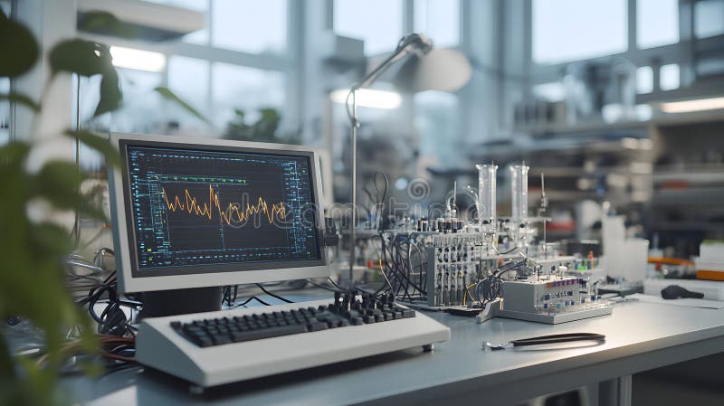Modern Laboratory Setup with Computer Displaying Data Graphs and Scientific Instruments on Clean ...