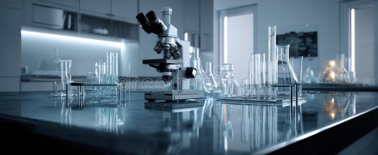 The Modern Laboratory Setup Featuring a Microscope and Glassware..AI ...