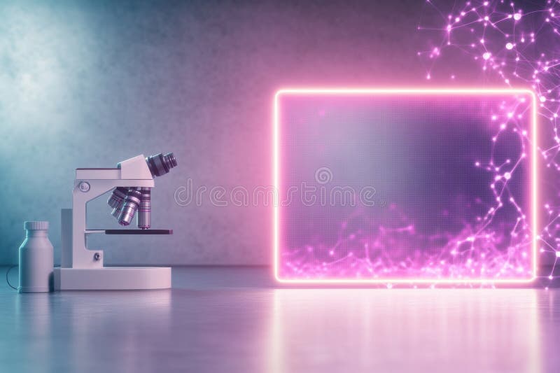 A Modern Laboratory Setup Featuring a Microscope beside a Glowing ...
