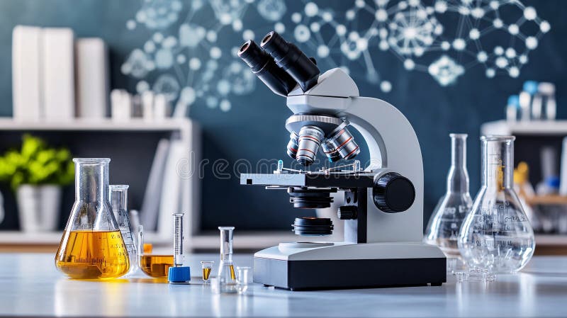 Laboratory Microscope on Table with Glassware Stock Illustration ...