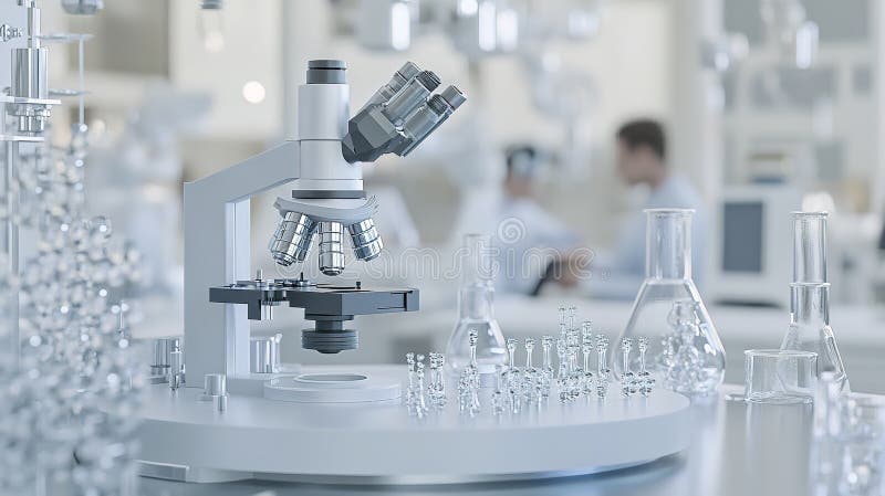 Modern Laboratory Setup with a Microscope and Glassware during a ...