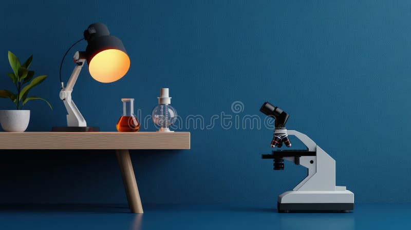 Modern Laboratory Setup with Microscope Lamp and Glassware on a Stylish ...