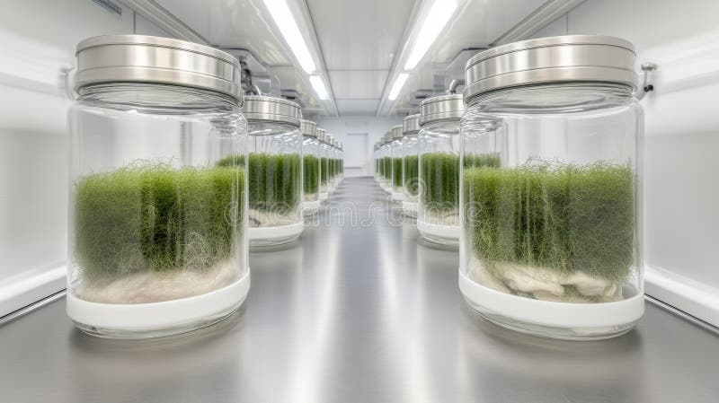 A Modern Laboratory Showcasing Jars of Green Algae Under Bright ...