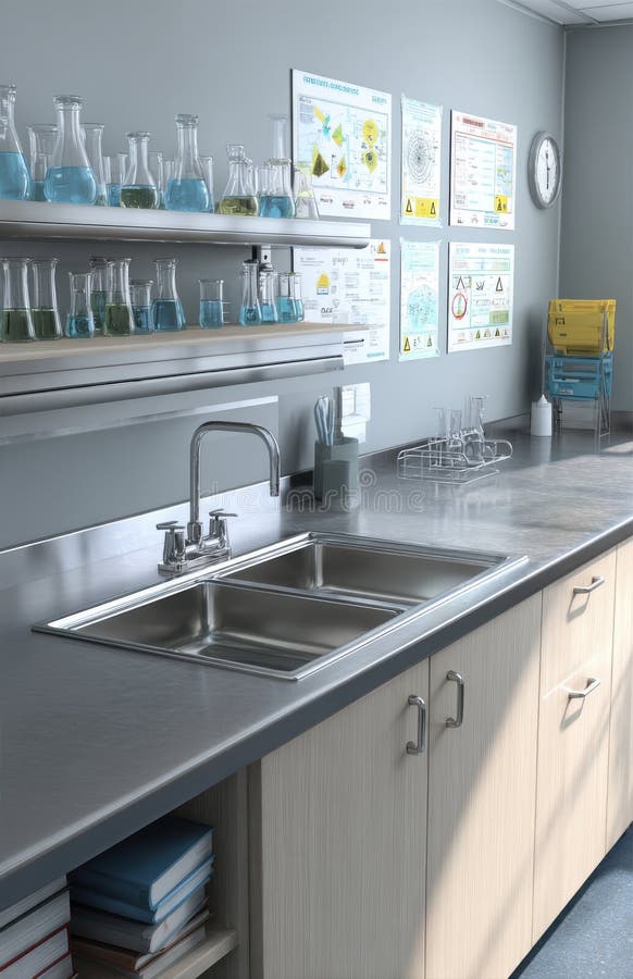 Modern Laboratory Sink with Glassware and Safety Posters Displaying ...