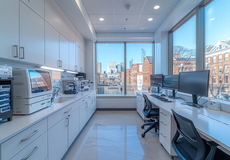Modern Laboratory with Sleek White Cabinetry, Computer Workstations ...