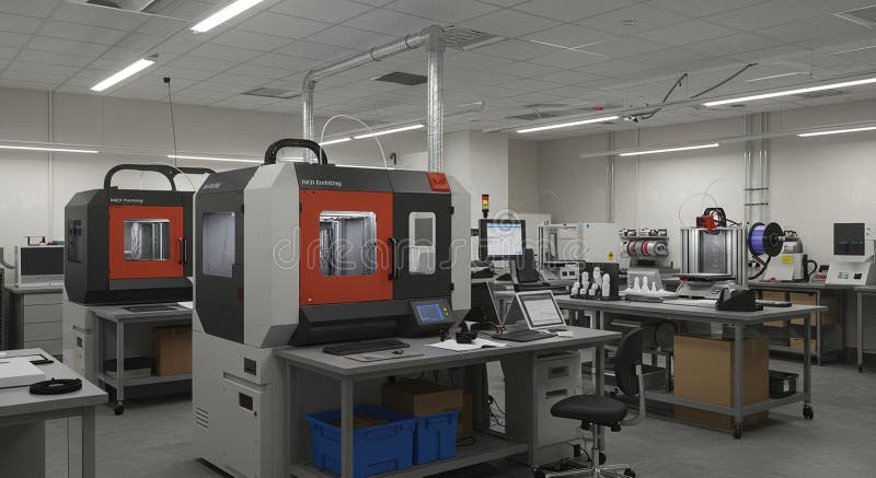 A Modern Laboratory or Workshop Features Multiple 3D Printers with a ...