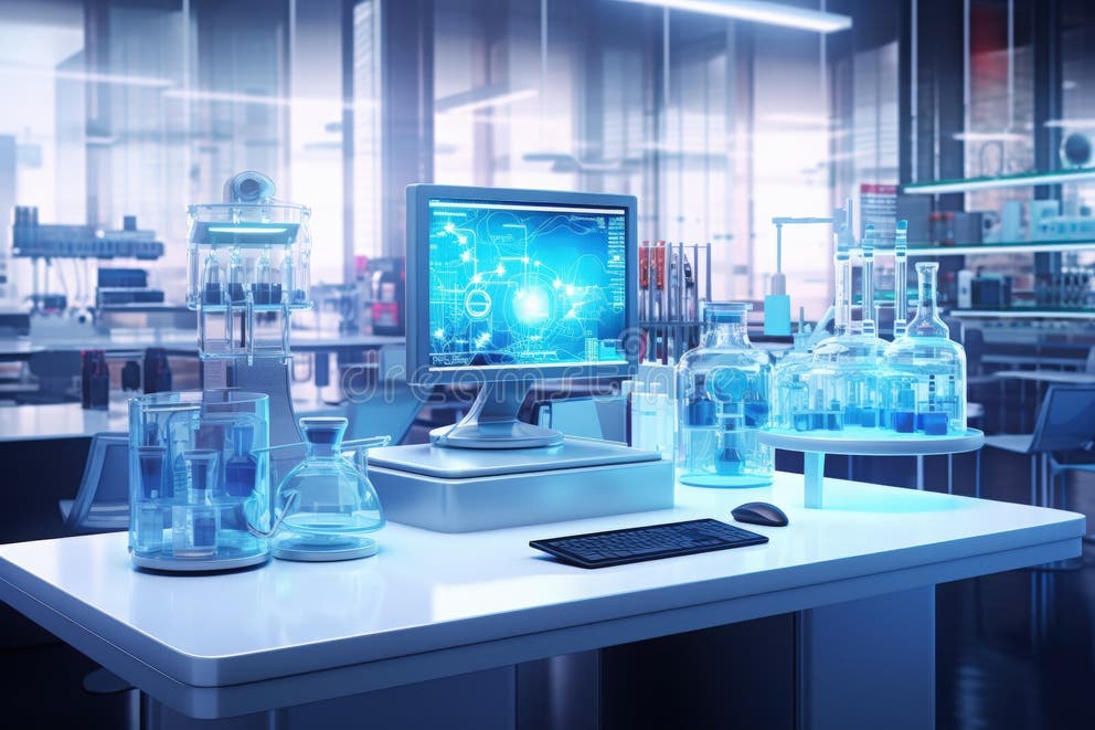 Modern Laboratory Workspace with Computer and Glassware Showcasing ...