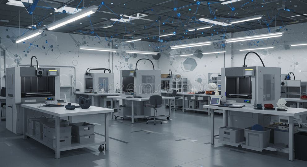 A Modern Laboratory or Workspace Featuring Multiple 3D Printers with ...