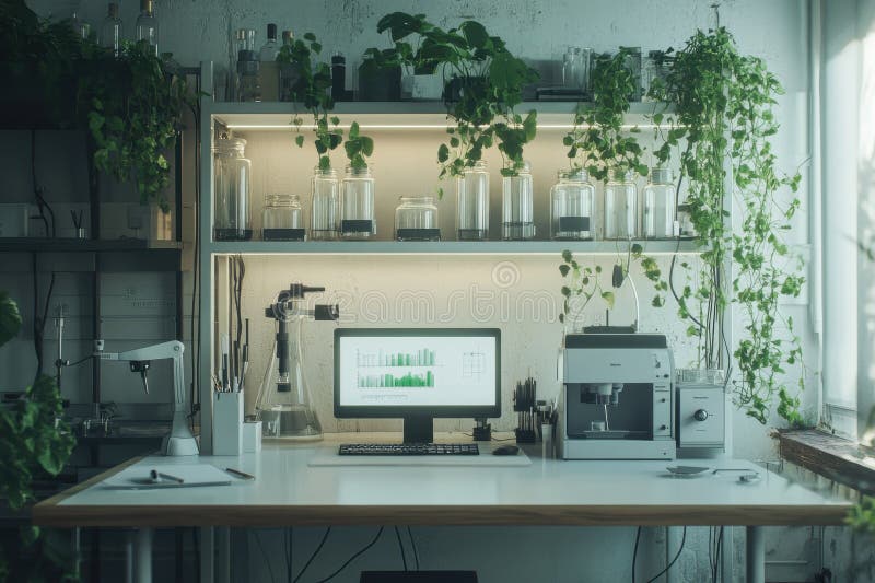 Modern Laboratory Workspace Featuring Plants, Equipment, and Digital ...