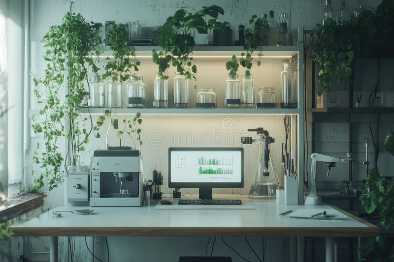 Modern Laboratory Workspace Featuring Plants, Equipment, and Digital ...