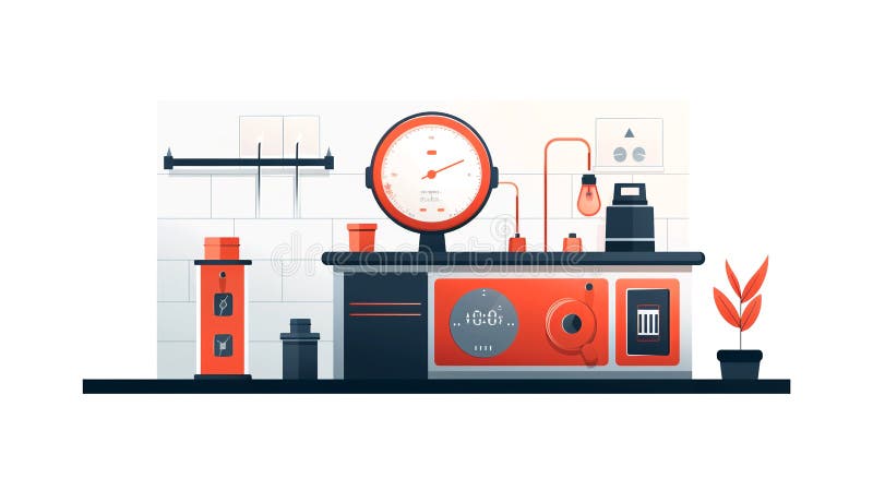 Modern Laboratory Workspace with Gauges, Containers, and a Potted Plant ...