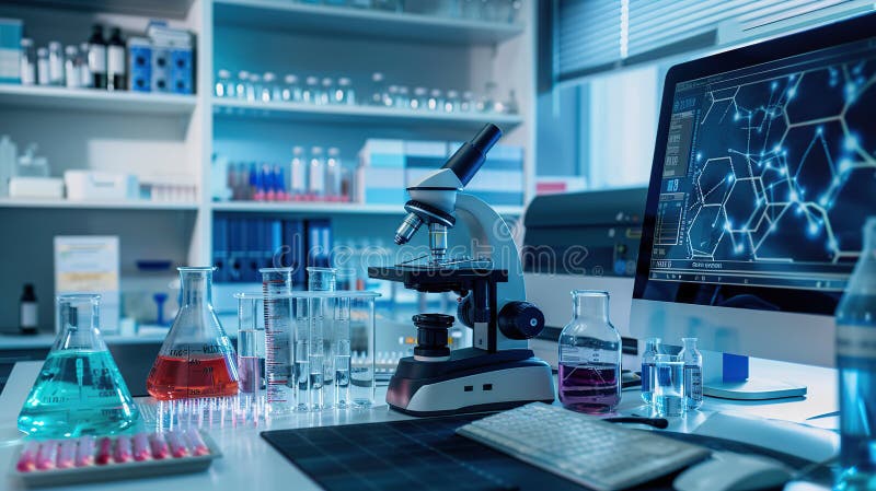 Modern Laboratory Workspace with Microscope and Chemical Solutions ...