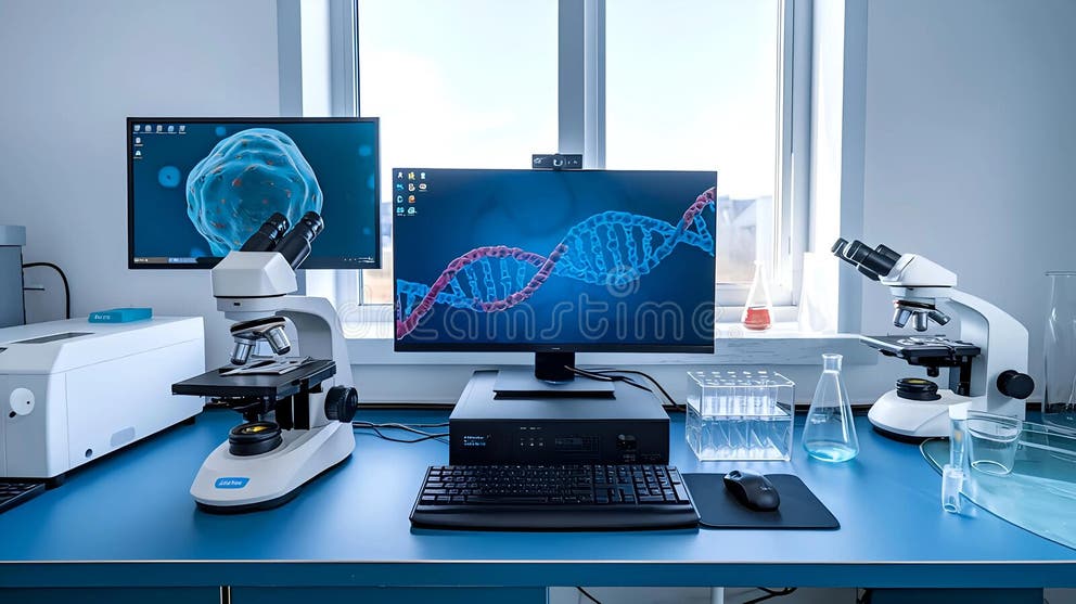 A Modern Laboratory Workspace with Two Microscopes, a Computer ...