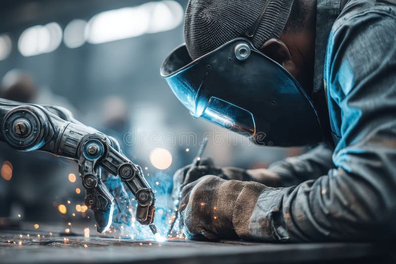Modern Laborer with Digital Robotic Arm Assisting in Welding Process ...