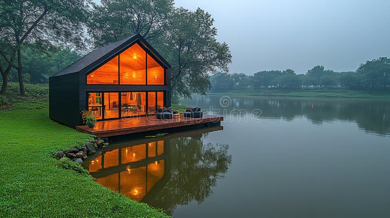 Modern Lake Cabin at Dawn. Tranquil Retreat by the Water Stock ...