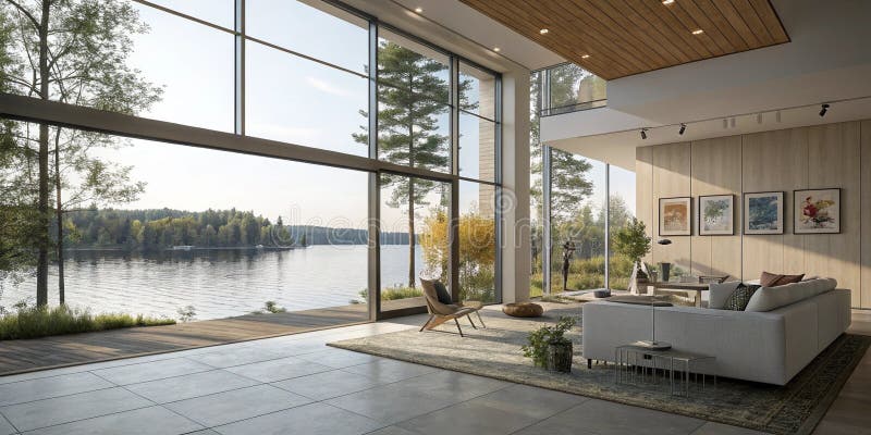 Modern Lake House Interior, 3D Render Stock Image - Image of room ...
