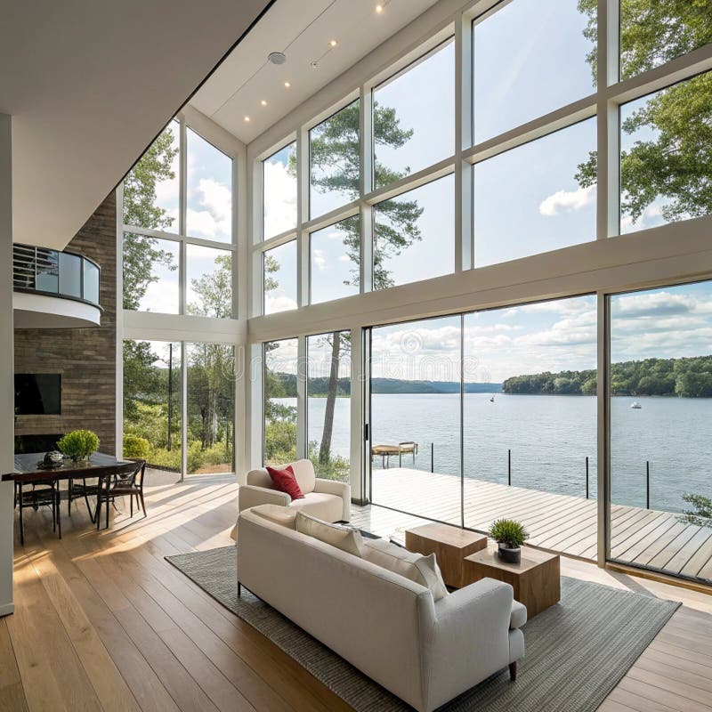 Modern Lake House Interior, 3D Render Stock Image - Image of mockup ...