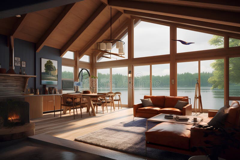 Modern lake house interior stock illustration. Illustration of style ...