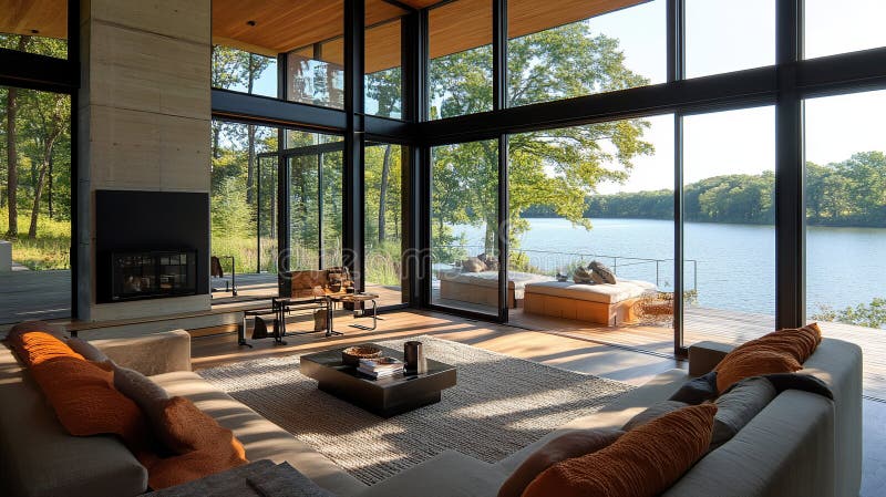 Modern Lake House Living Room with Fireplace and Expansive Windows ...