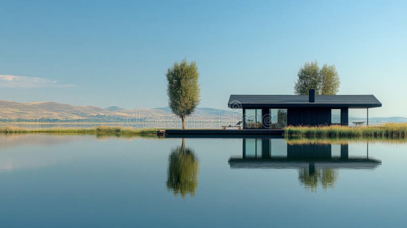 Modern Lake House with Minimalist Design and Reflections Stock ...