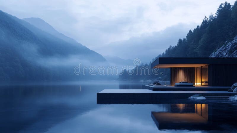 Modern Lake House Nestled in Misty Mountains Stock Illustration ...