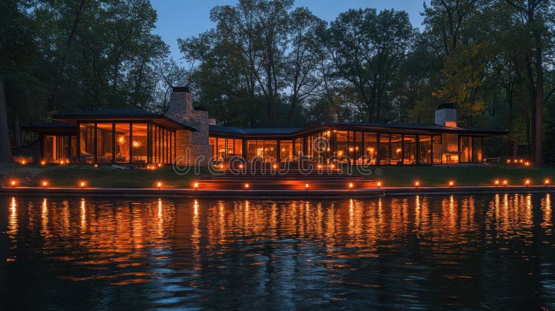 Modern Lake House at Night with Warm Lighting and Reflections Stock ...