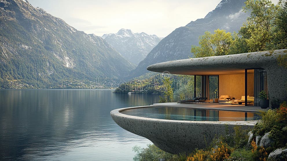 Modern Lakefront House, Mountain View, Infinity Pool, Sunset Stock ...