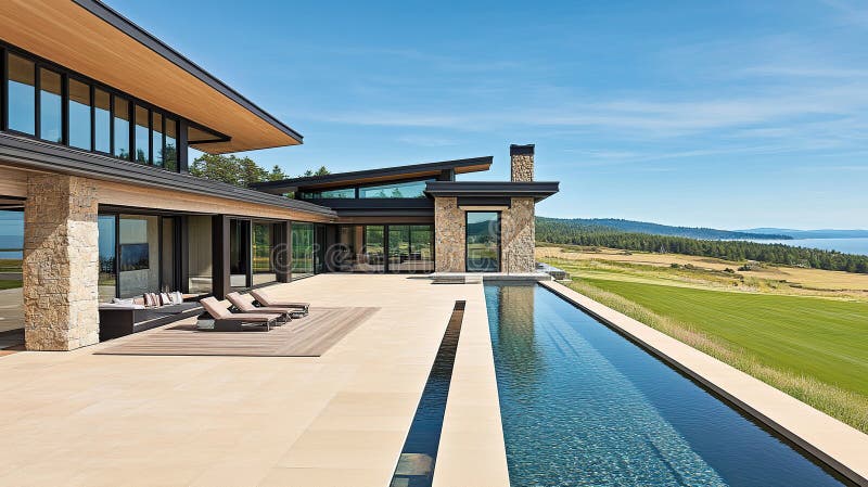 Modern Lakefront House Patio Pool Summer View Stock Image - Image of ...