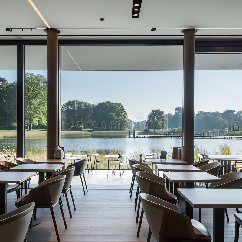 Modern Lakeside Cafe with Tranquil Water Views and Minimalist, Elegant ...