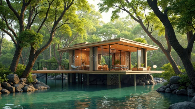 Modern Lakeside House in Forest with Glass Walls and Elevated Terrace ...