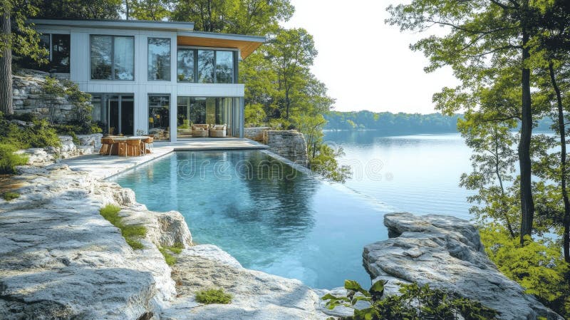 Modern Lakeside House with Infinity Pool and Scenic Forest View Stock ...