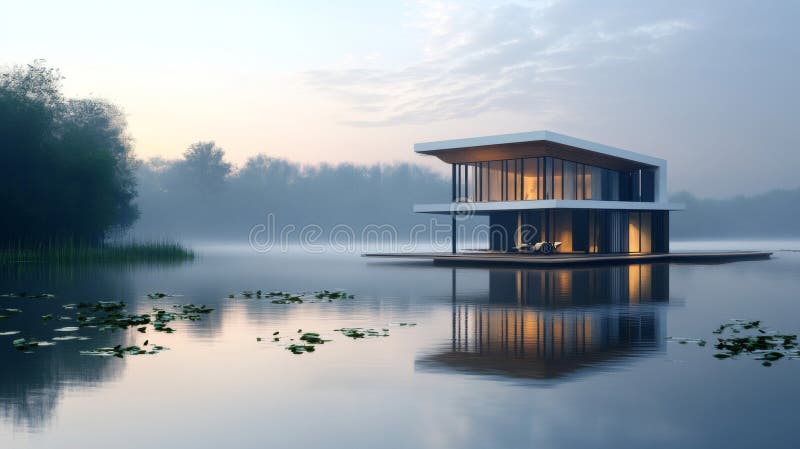 Modern Lakeside House Reflecting Tranquility Over Still Water Stock ...