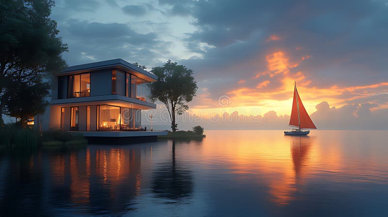 Modern Lakeside House with Sailboat at Sunset Stock Illustration ...