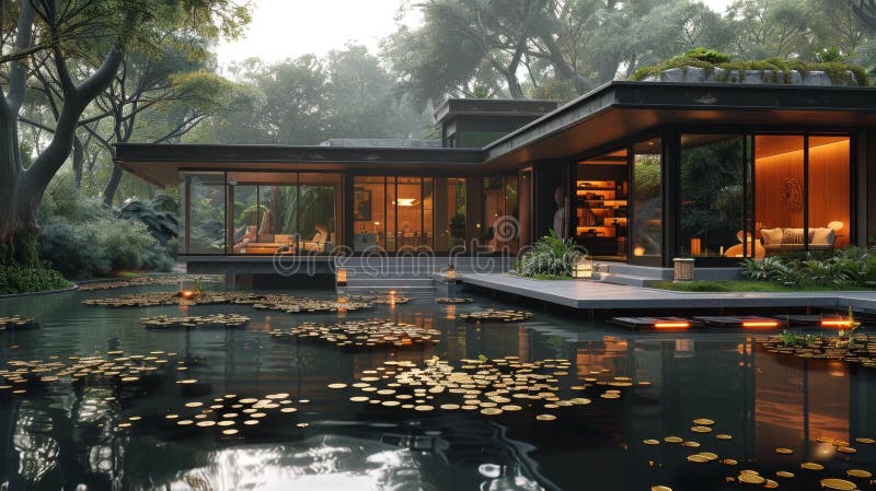 Modern Lakeside House with Water Lilies - Generative Ai Stock ...