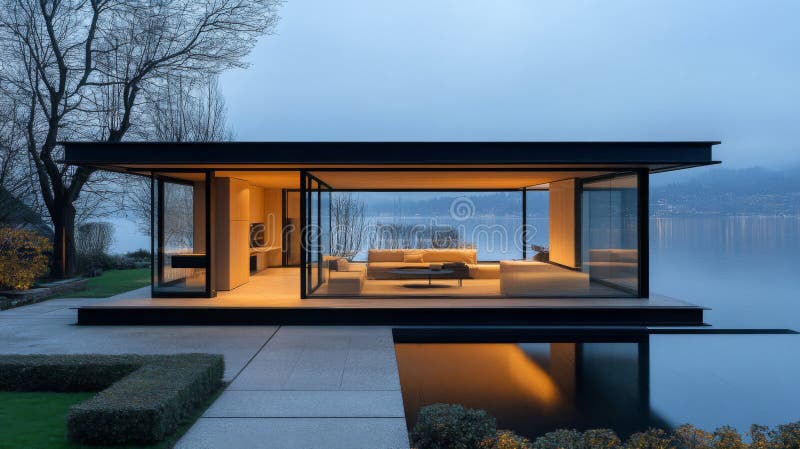 Modern Lakeside Pavilion with Glass Walls and Interior Lighting Stock Illustration ...