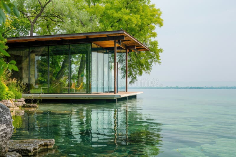 A Modern Lakeside Pavilion Surrounded by Lush Greenery with Tranquil ...