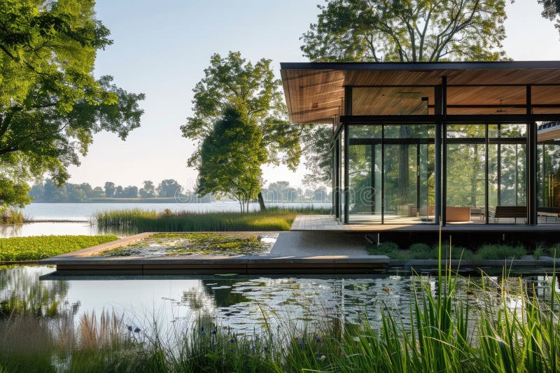 A Modern Lakeside Pavilion Surrounded by Lush Greenery with Tranquil ...