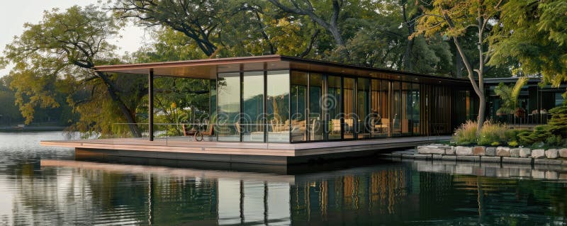 A Modern Lakeside Pavilion Surrounded by Lush Greenery with Tranquil ...