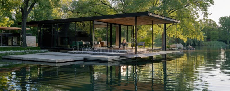 A Modern Lakeside Pavilion Surrounded by Lush Greenery with Tranquil ...